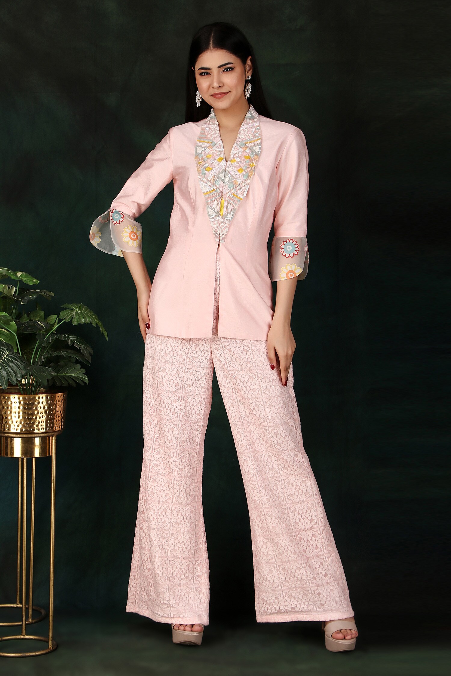 Buy Pink Chanderi Hand Embroidered Sequins Neck Jacket And Palazzo Set ...