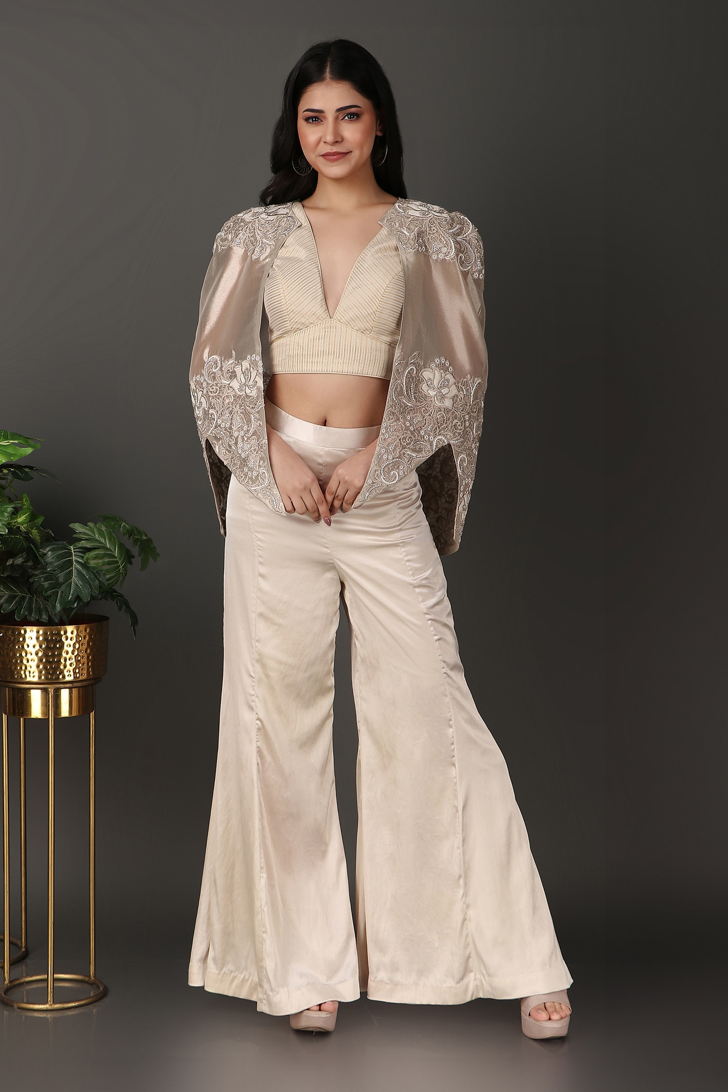 Buy Ivory Satin Embroidered Plunging V Tissue Cutwork Cape Palazzo Set ...