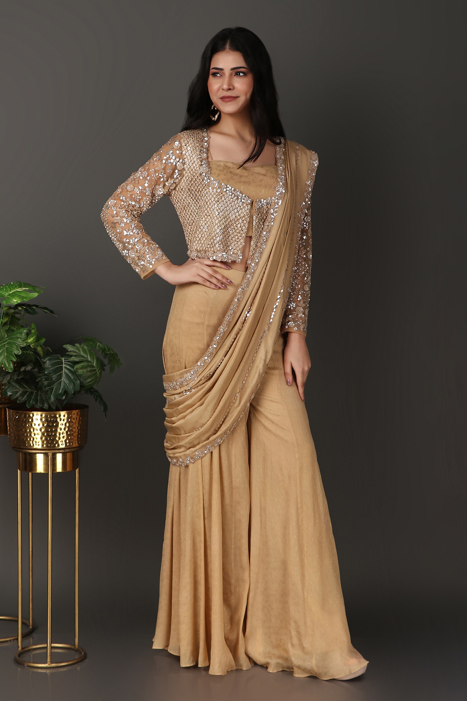 Buy Gold Georgette Embroidered Work Jacket Pre-draped Sharara Saree Set ...