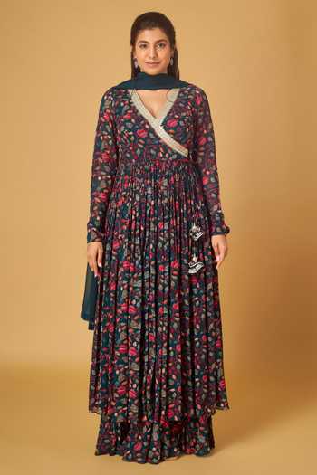 Buy Green Georgette Printed Thread V Neck Floral Angarkha Set For Women ...