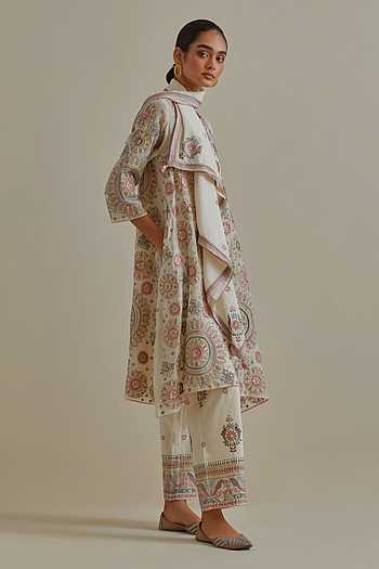 Buy Pink Cotton Embroidered Silk Thread Kurta Patchwork A-line Pant Set ...