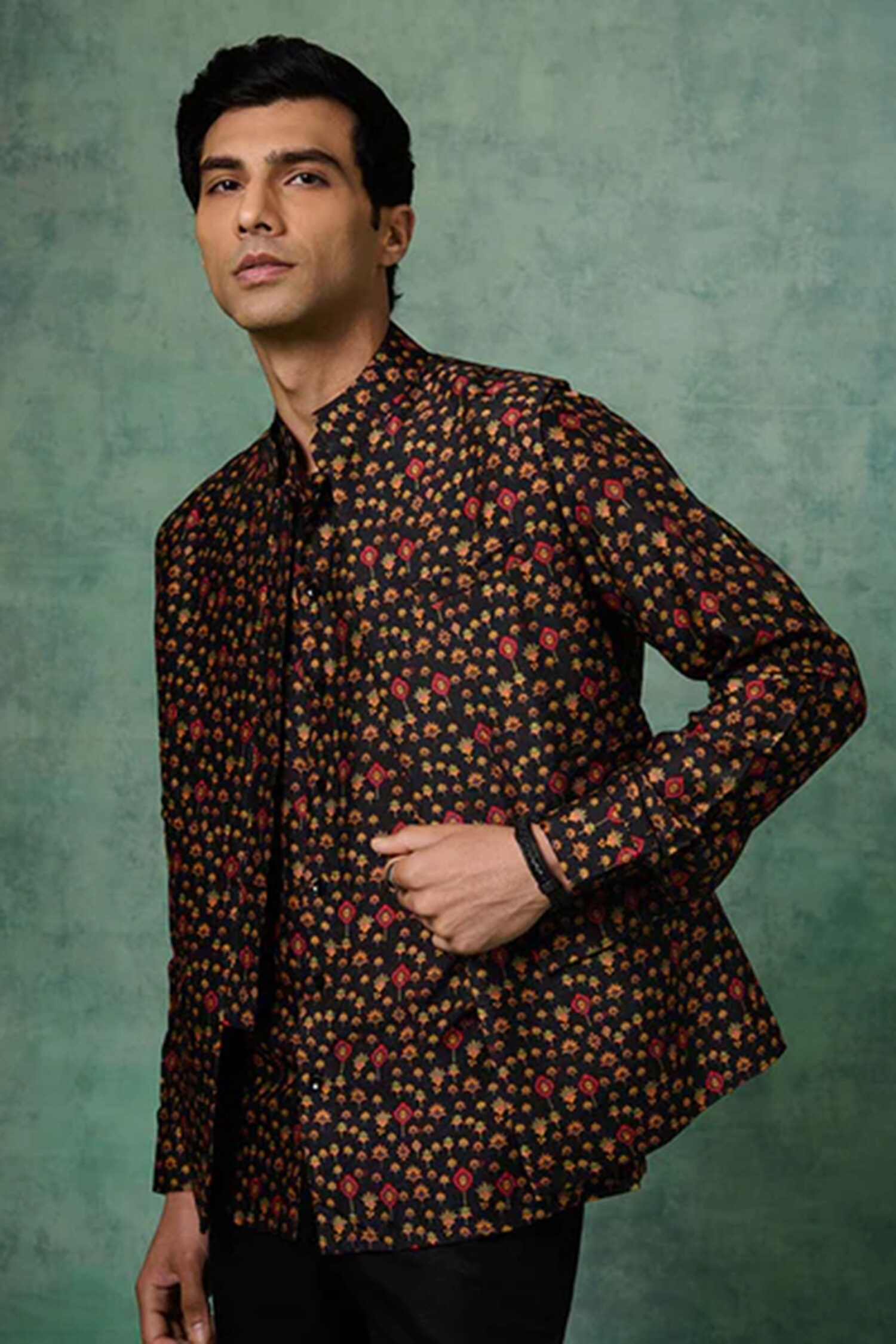 Buy Black Pure Raw Silk Lining Cotton Satin Taksh Dainty Pattern Bundy ...