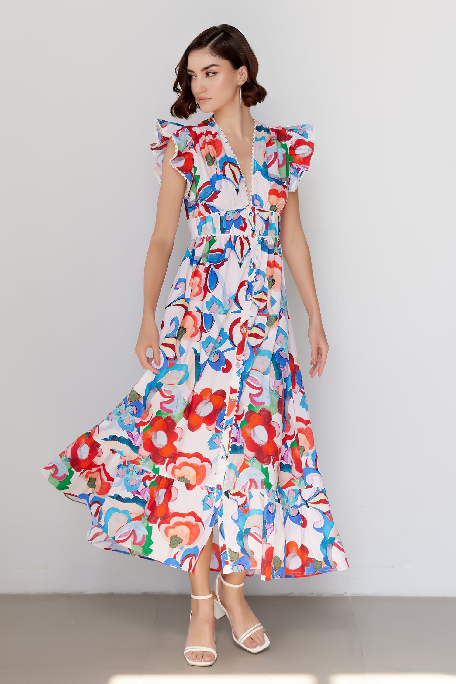 Buy Multi Color Giza Poplin Printed Lotus Plunge V Neck Estella Dress ...