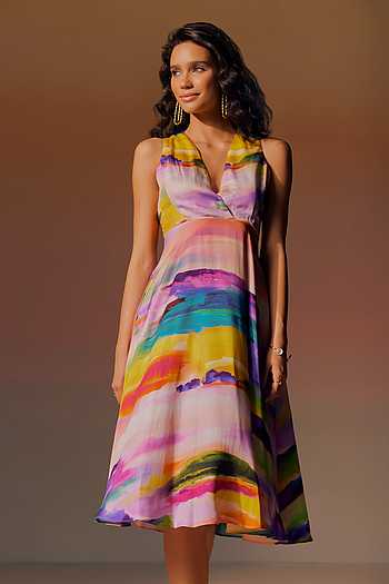 Buy Multi Color Modal Satin Printed Sunset Plunge V Neck Faith Midi ...