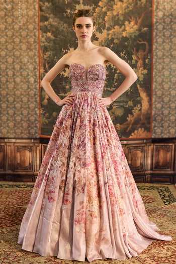 Buy Pink Glazed Organza Printed Peonies Floral Sweetheart Neck Gown For ...