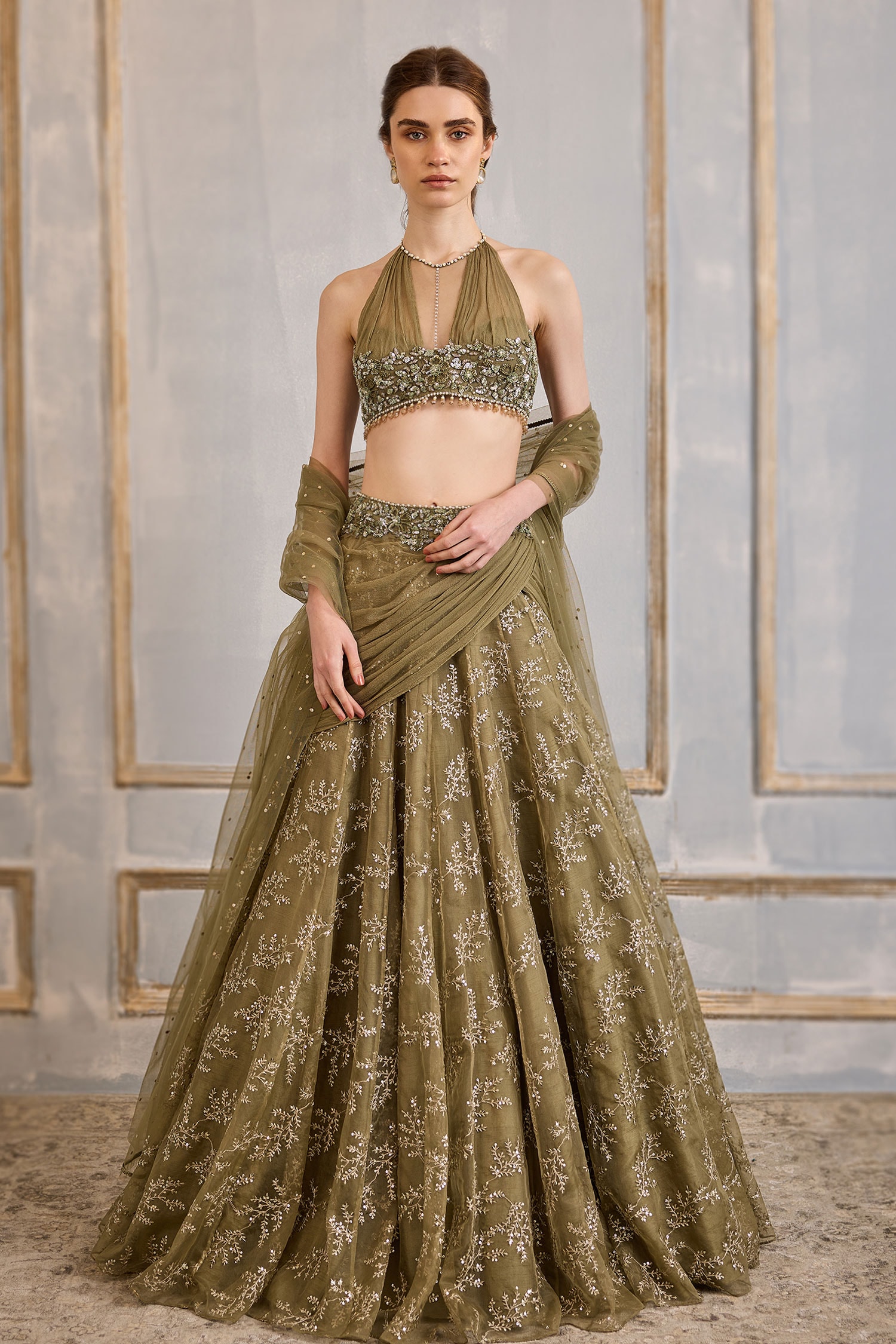 Buy Green Tulle Embroidery Zari Thread Halter English Meadows Lehenga ...