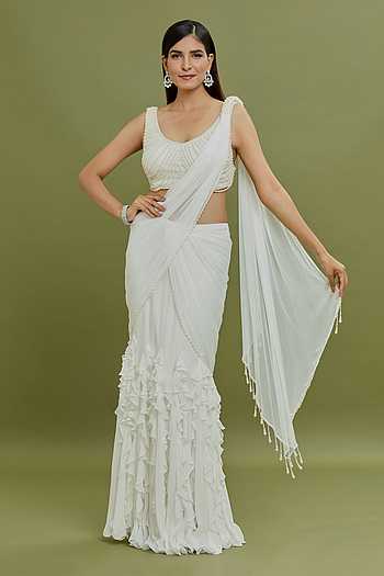 Buy Ivory Georgette Embroidered Frill Ruffle Pre-draped Saree With ...