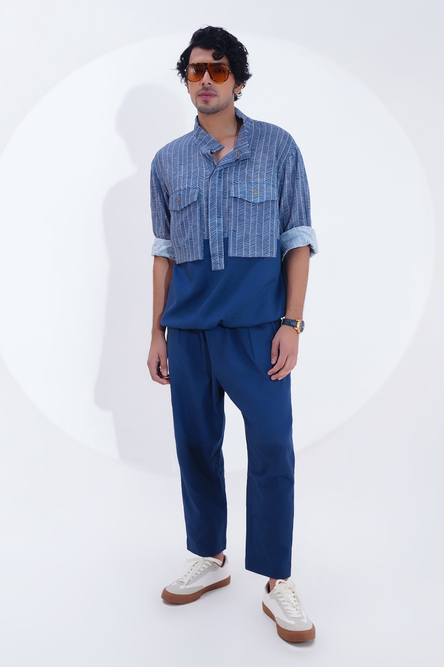 Buy Blue Linen Printed Zig Zag Shacket For Men by Jajaabor Online at ...