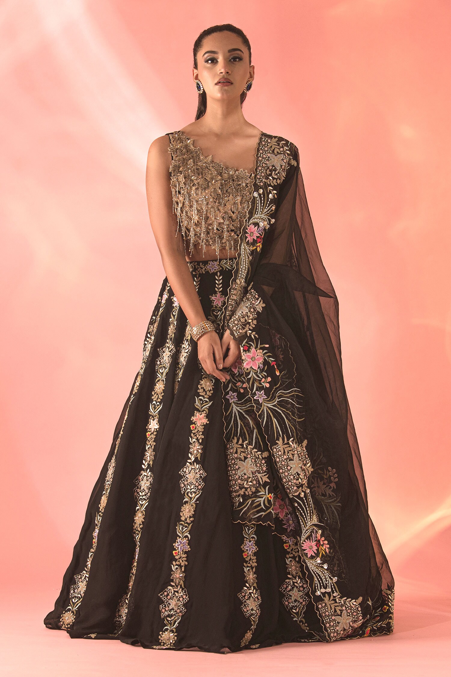 Buy Black Organza Embroidery Floral Asymmetric Neck Panel Lehenga Set ...