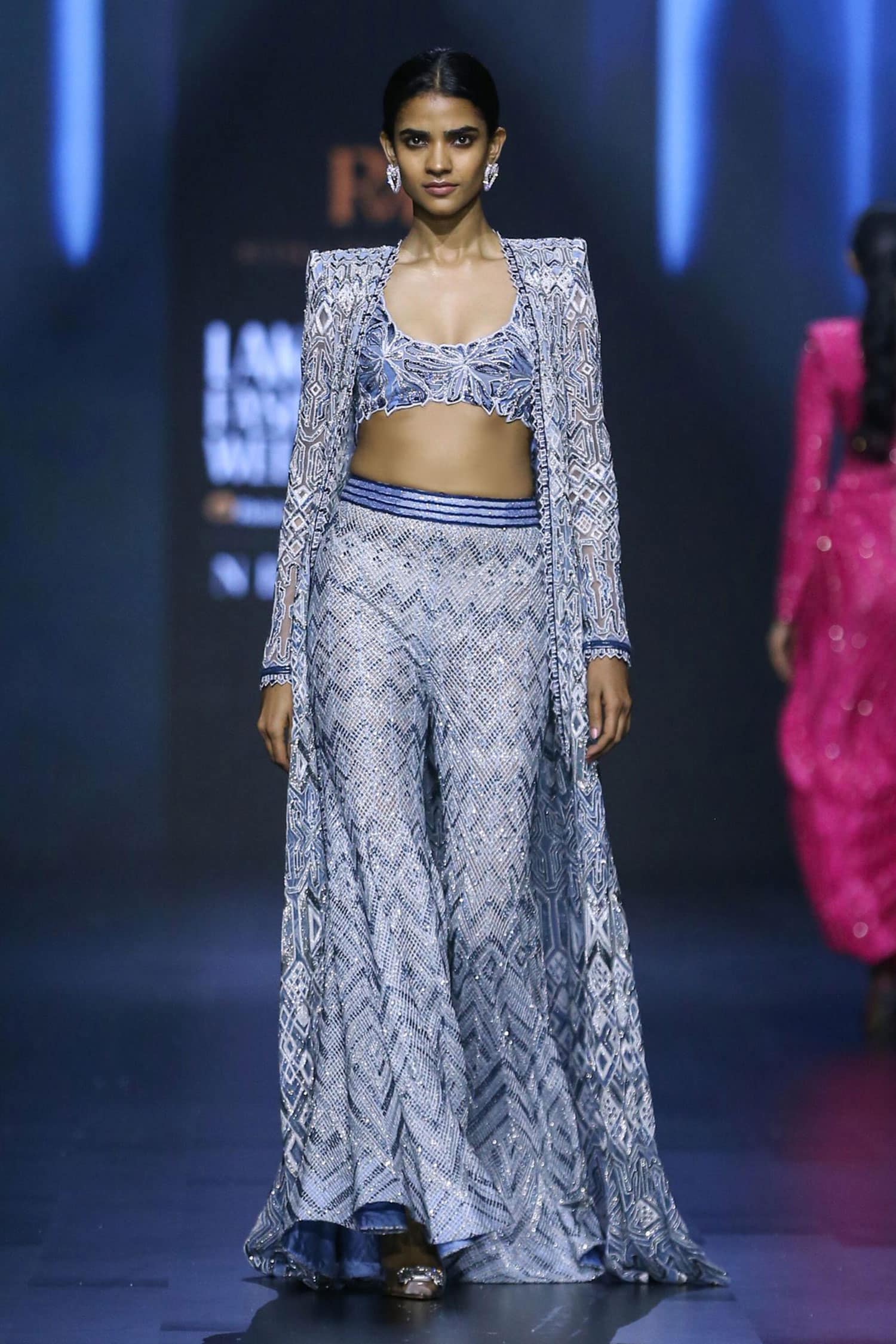 Buy Blue Net Embroidery Crystal Jacket Open Enigma Ombre Sharara Set ...