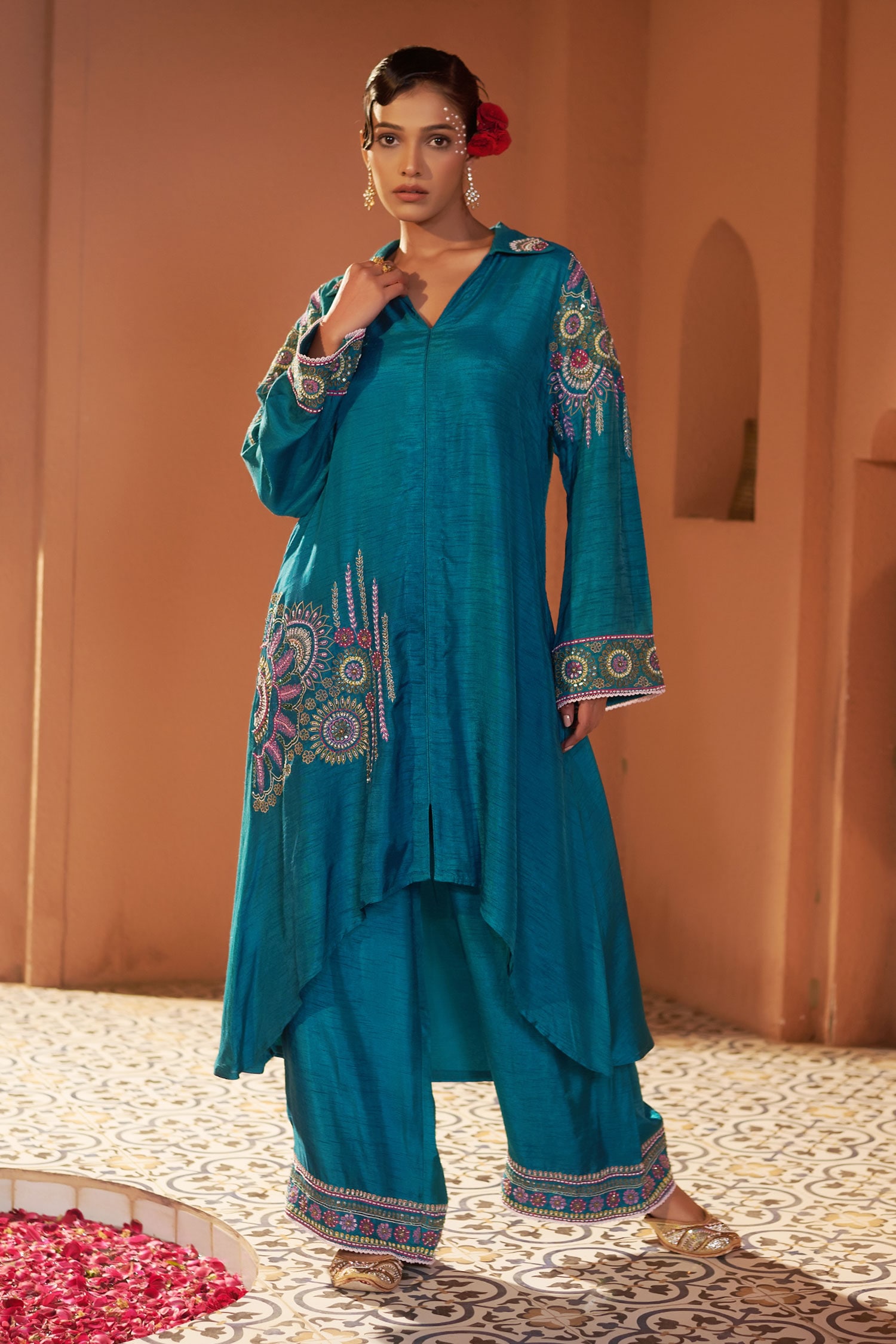 Buy Green Dola Silk Embroidery Resham V Neck Alpana Asymmetric Kurta ...