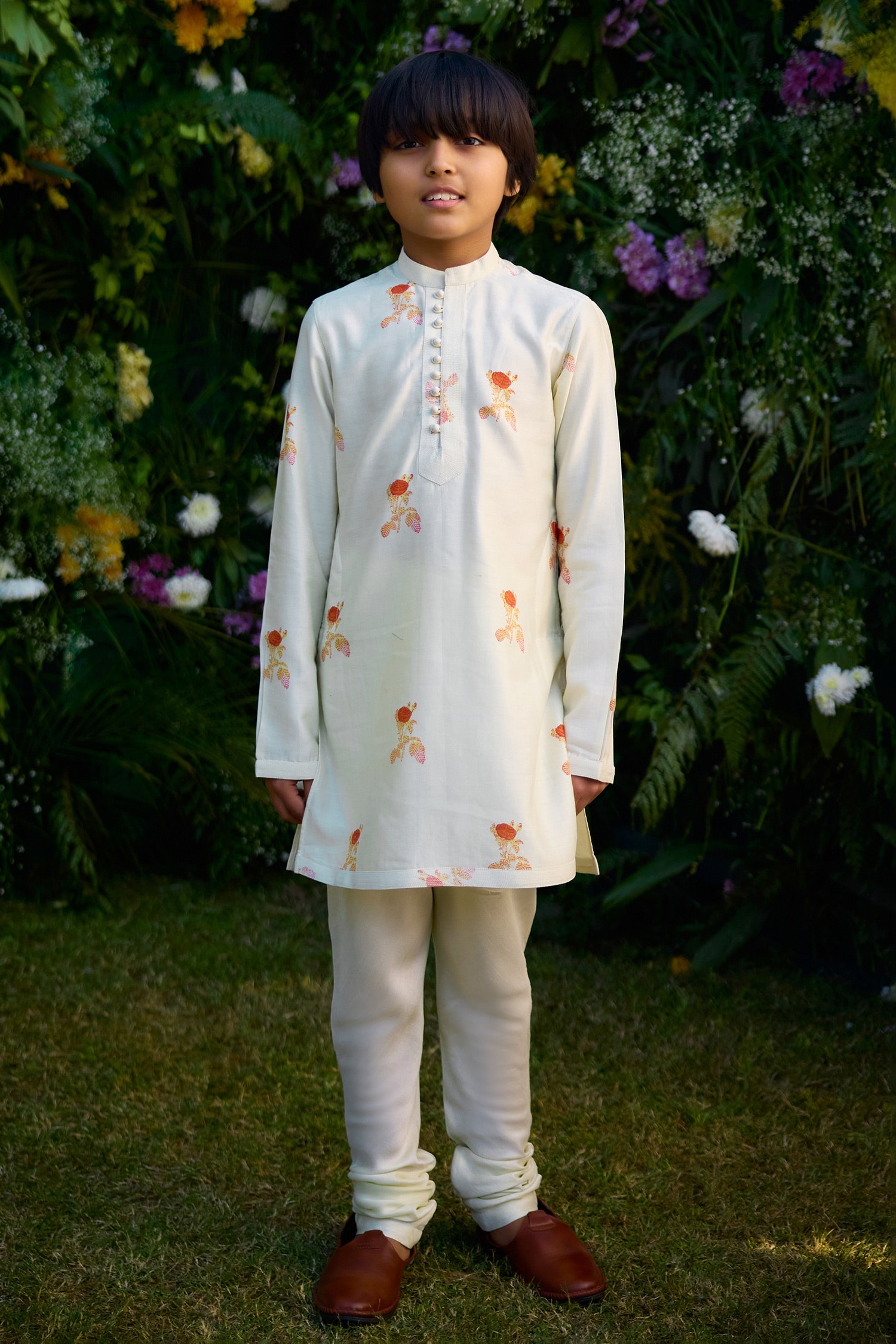 Buy White Chanderi Print Floral Quilted Kurta With Churidar For Boys by ...