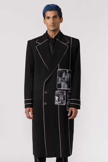 Buy Black Cotton Poly Stretch Patchwork Placed Printed Panel Trench ...