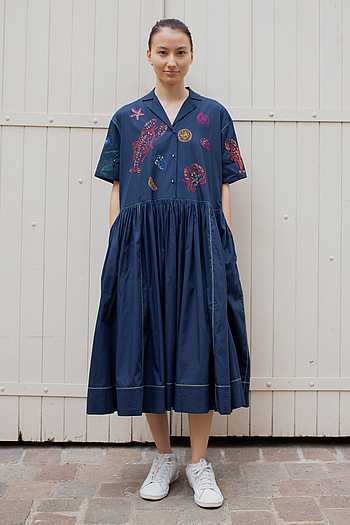 Buy Blue 100% Cotton Embroidered Marine Carnation Seafood Pattern Dress ...