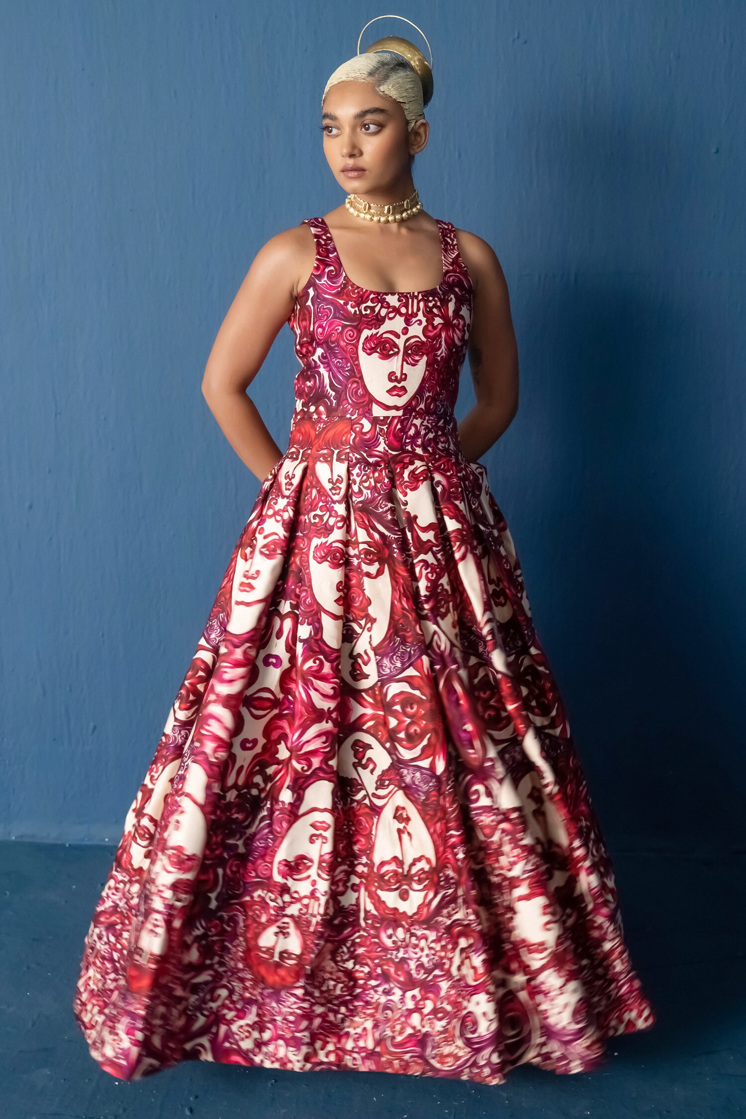 Buy Red Modal Satin Abstract Figurine Round Pattern Gown For Women by ...