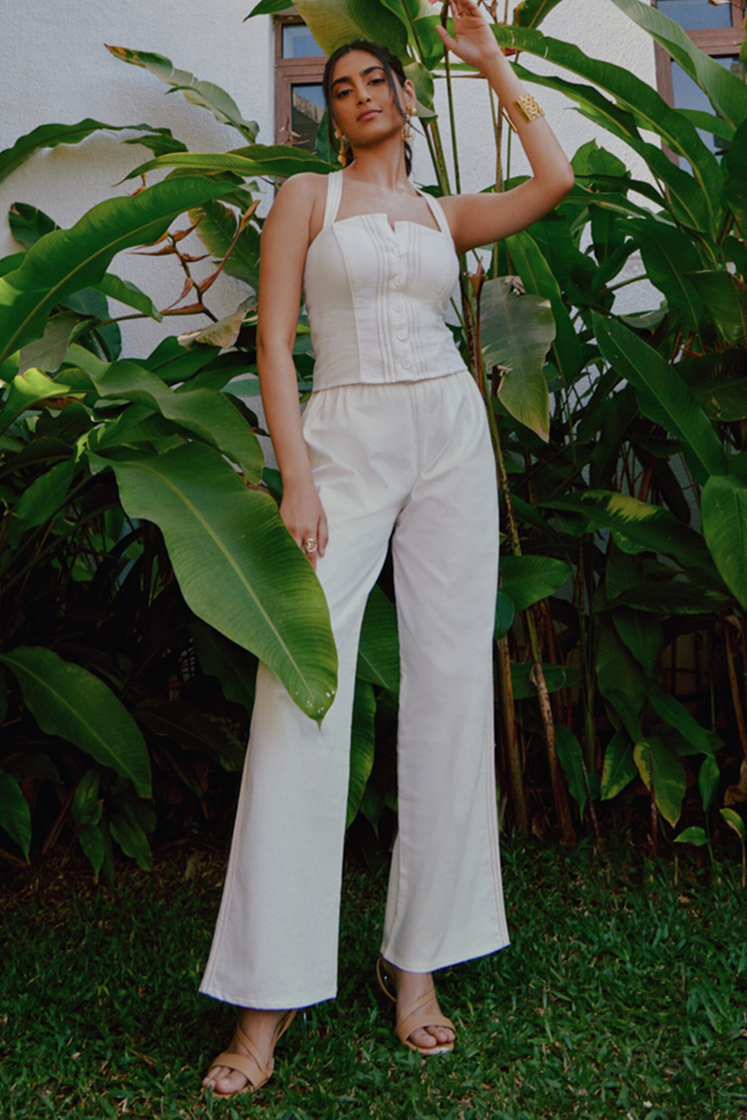 Buy White Denim Plain Notched Sleeveless Bustier And Paper Bag Pant Set ...