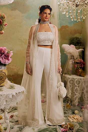 Buy White Organza Embroidered Sequin Straight Cape Trouser Set For ...