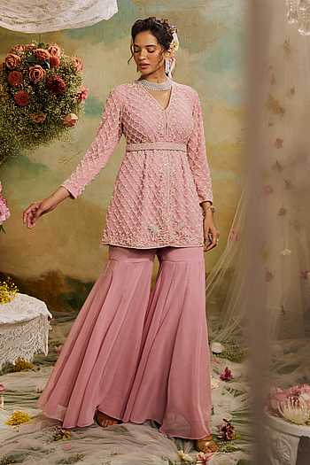 Buy Pink Georgette Embroidered Pearl V Neck Peplum Top Gharara Set For ...