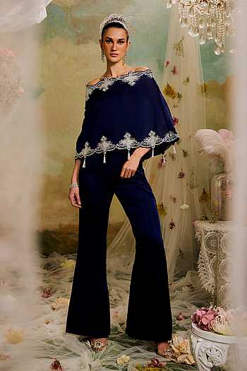 Buy Blue Organza Embroidered Cutdana Cutwork Top Pant Set For Women by ...
