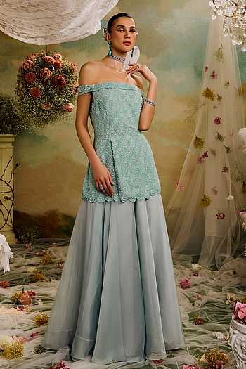 Buy Blue Organza Embroidered Bead Off-shoulder Tunic And Sharara Set ...