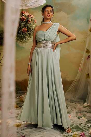 Buy Blue Georgette Asymmetric Embroidered Draped Gown With Belt For ...