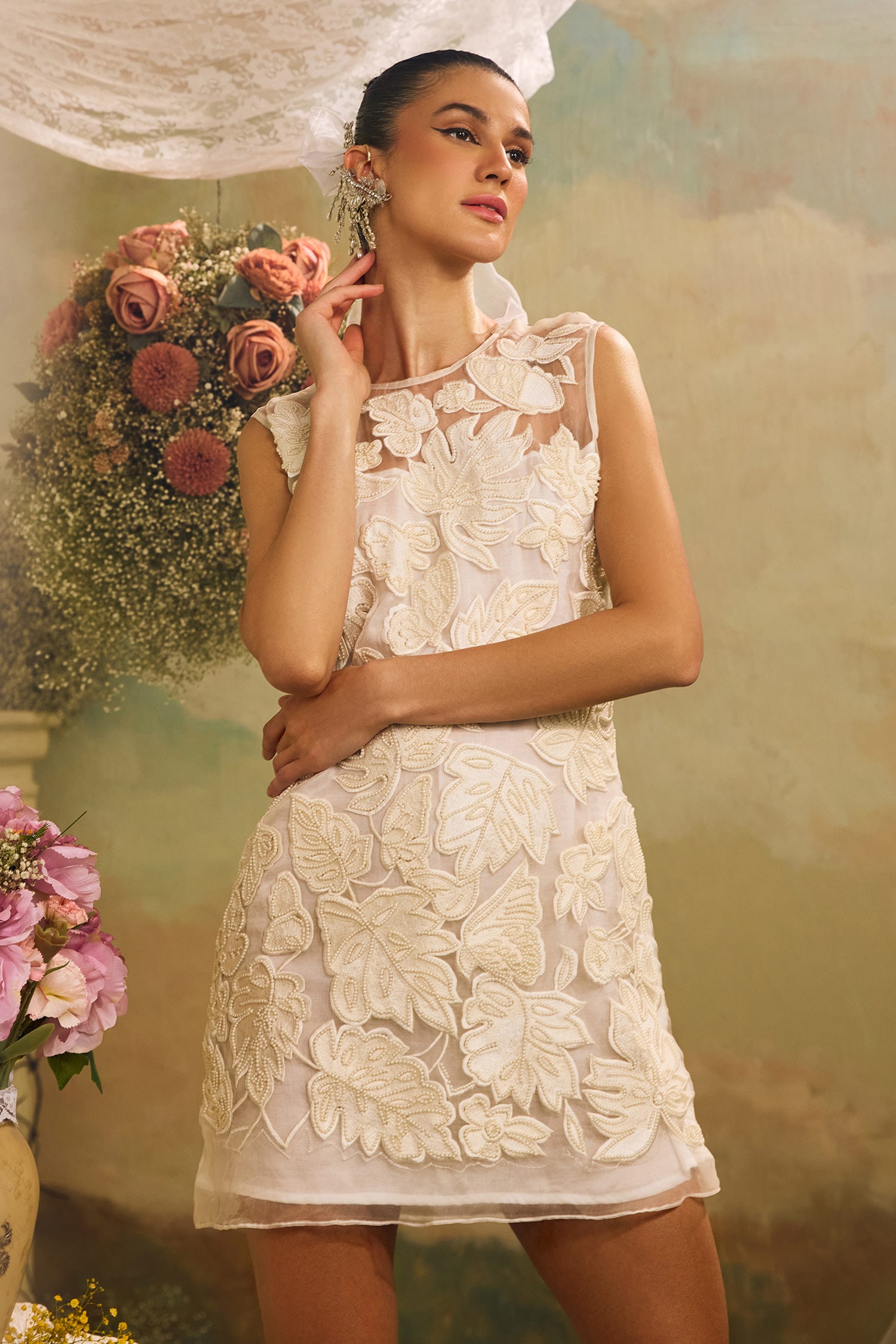 Buy Off White Organza Embroidered Bead Round Pearl Cutwork Dress For ...