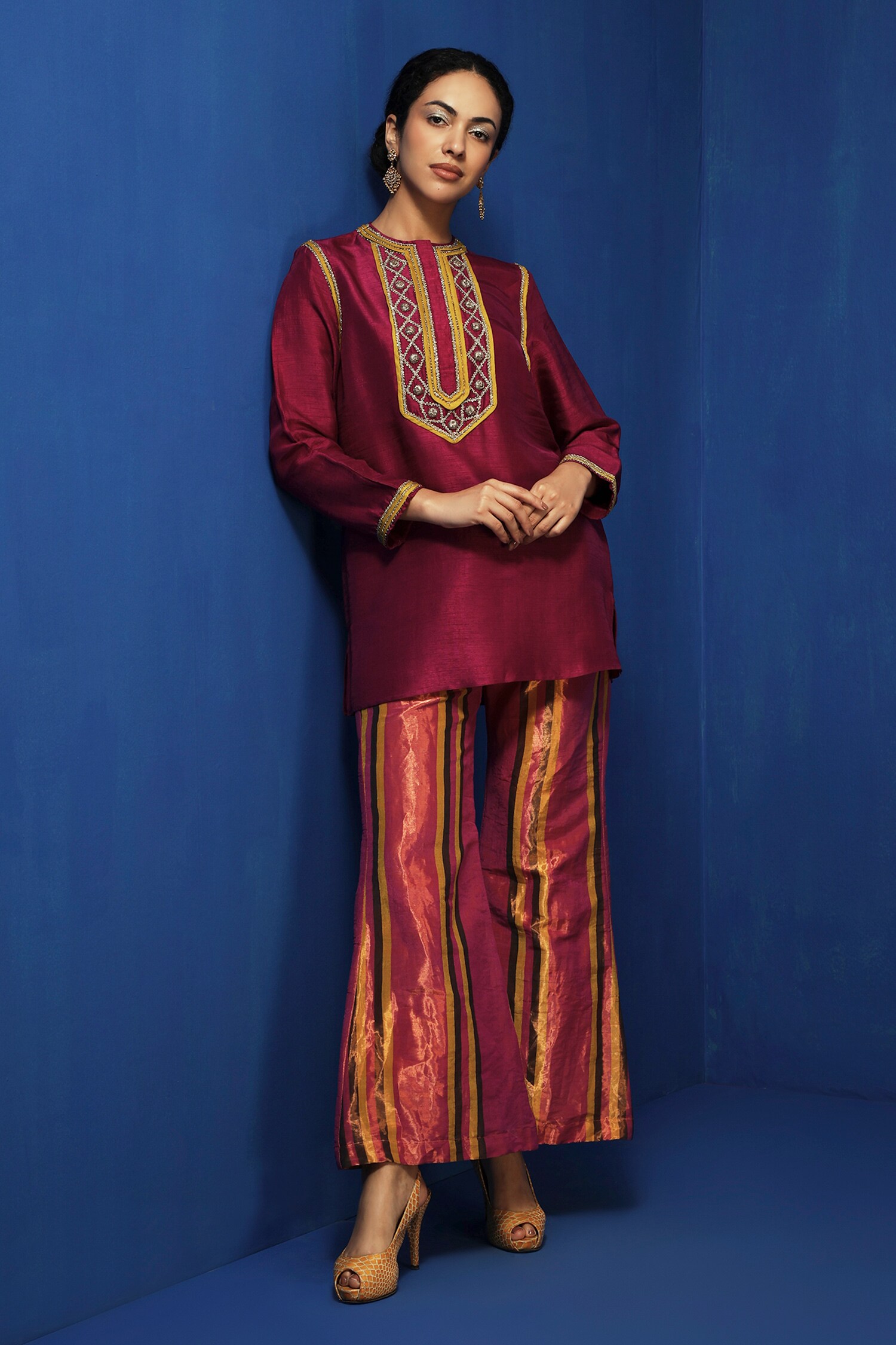 Buy Magenta Tissue Woven Stripe Pattern Bell Bottom Pant For Women by ...