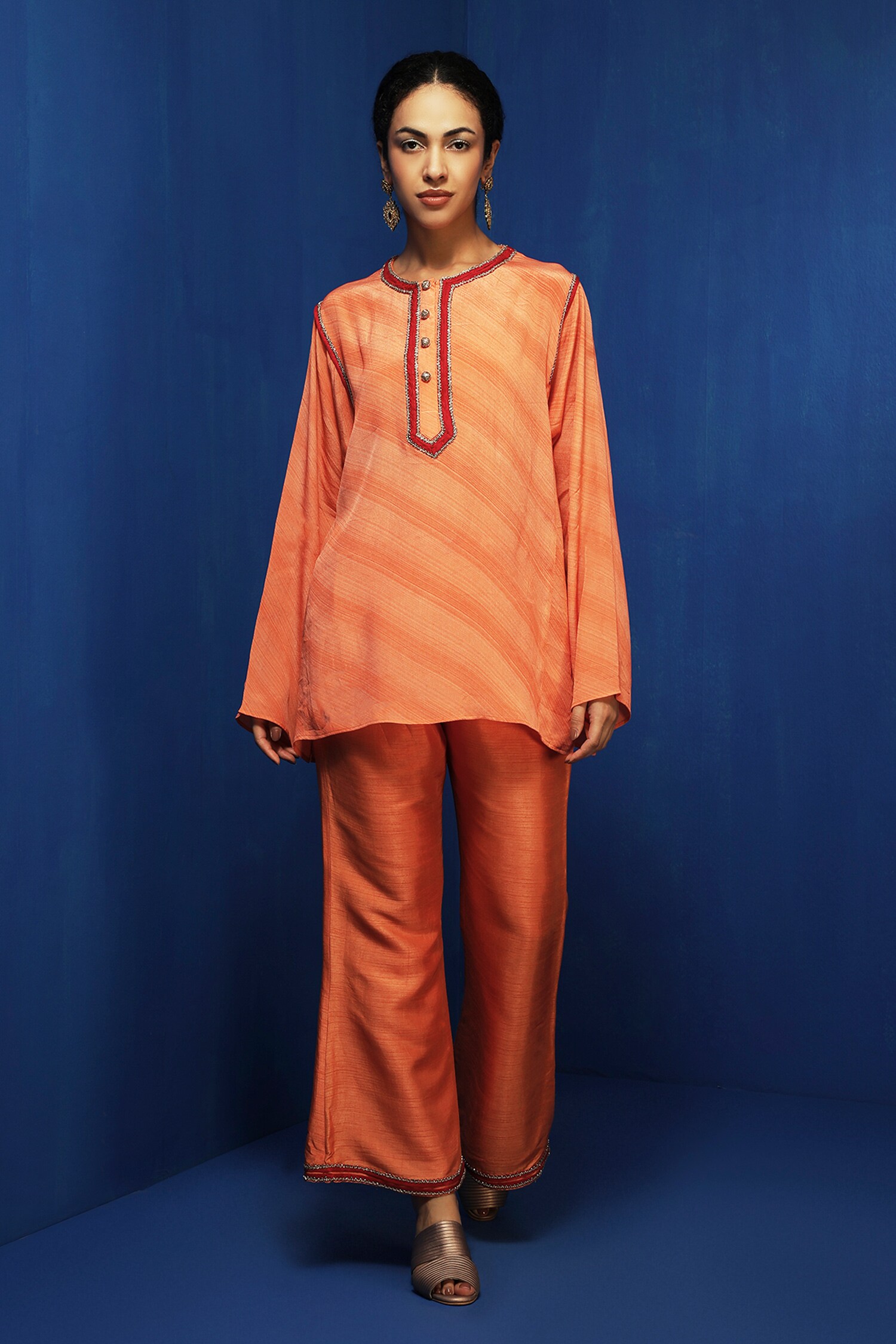 Buy Orange Tussar Plain Embroidered Hem Bell Bottom Pant For Women by ...