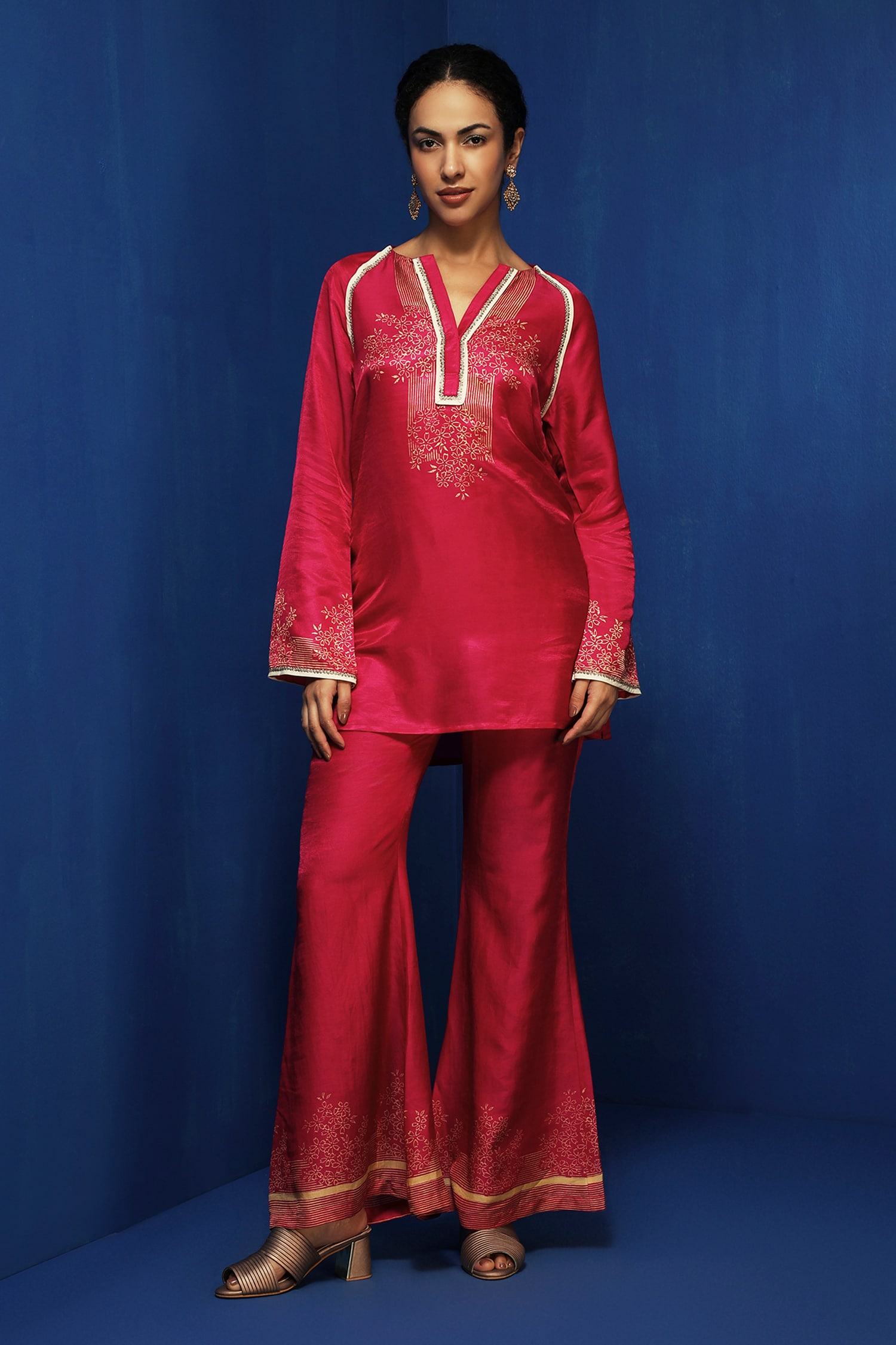 Buy Fuchsia Modal Placement Brocade Pattern Floral Hem Bell Bottom Pant ...