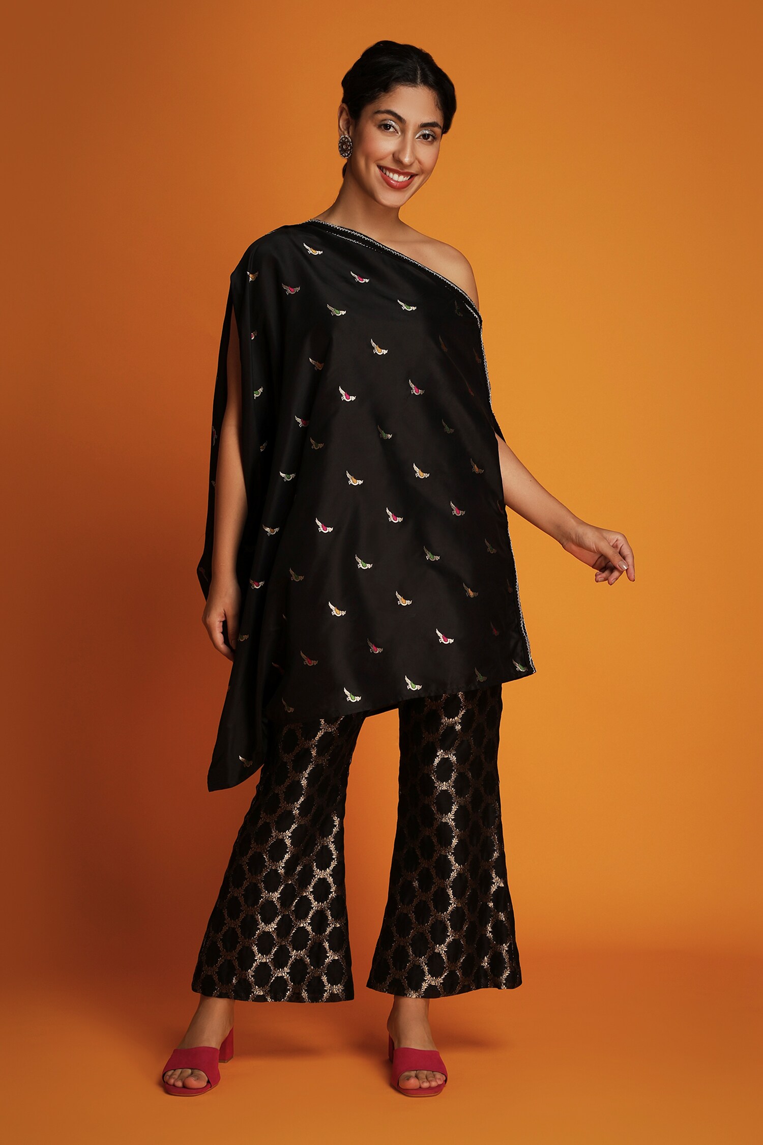 Buy Black Banarasi Floral Pattern Bell Bottom Pant For Women by Krishna ...