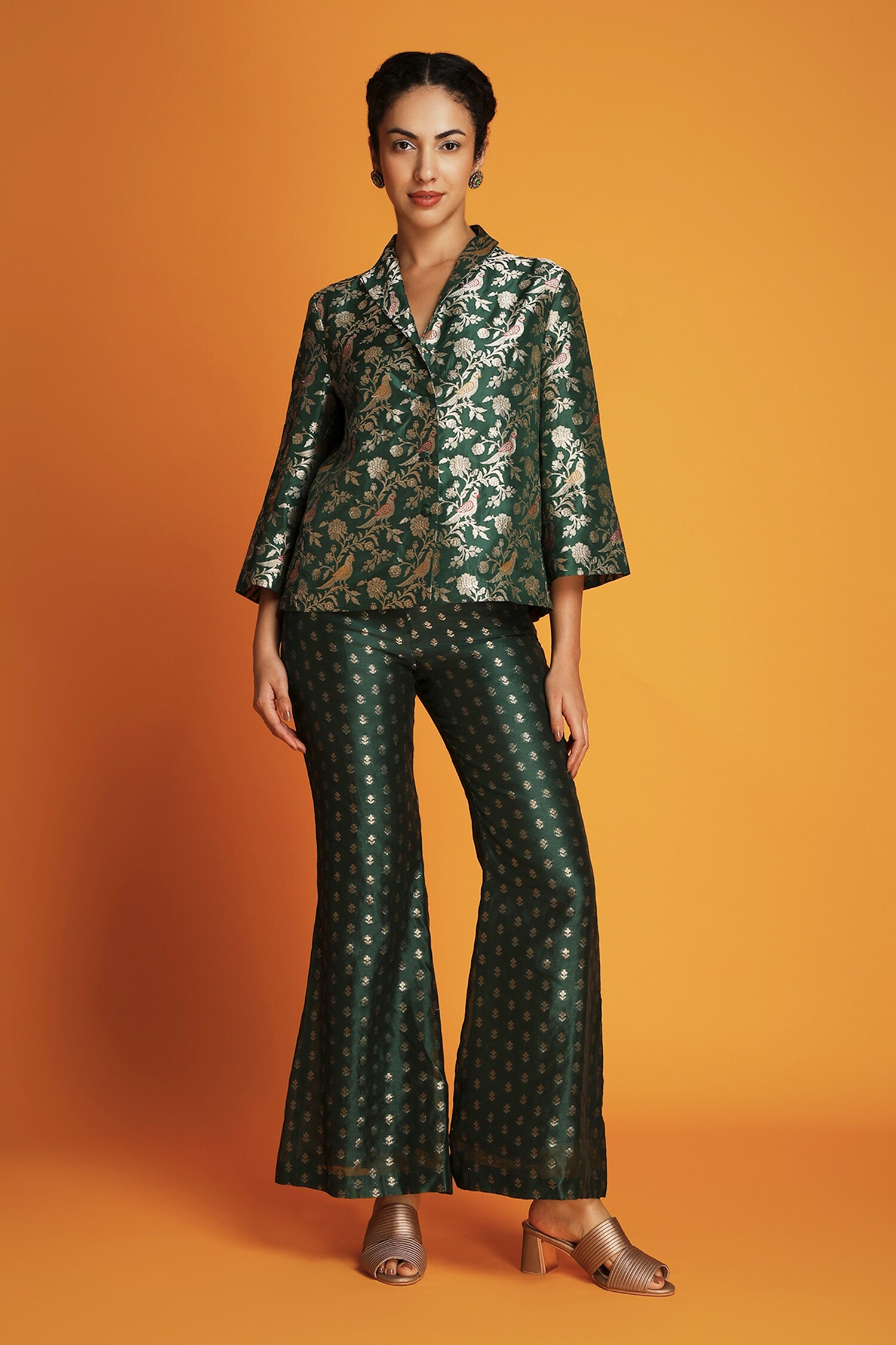 Buy Green Floral Butti Pattern Bell Bottom Pant For Women by Krishna ...