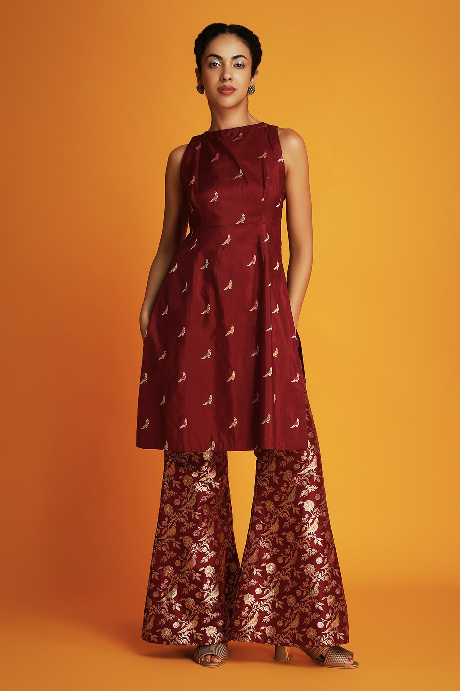 Buy Maroon Flower Vine Pattern Bell Bottom Pant For Women by Krishna ...