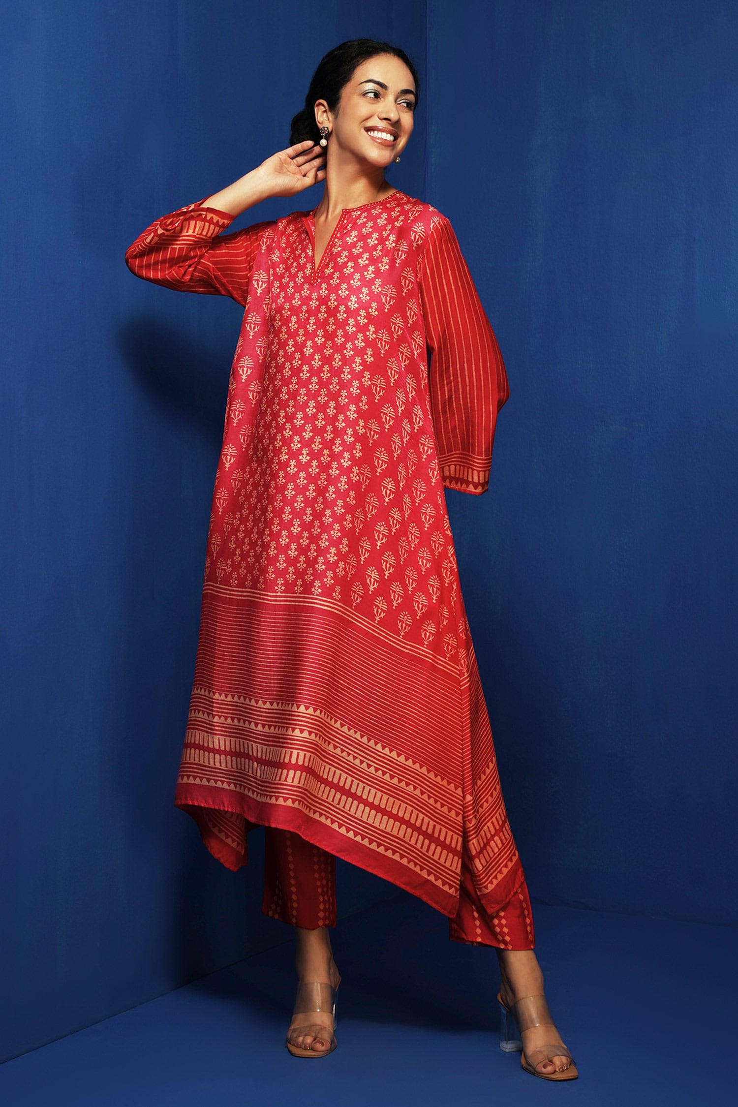 Buy Red Modal Block Print Floral Butti Notched Asymmetric Tunic With ...