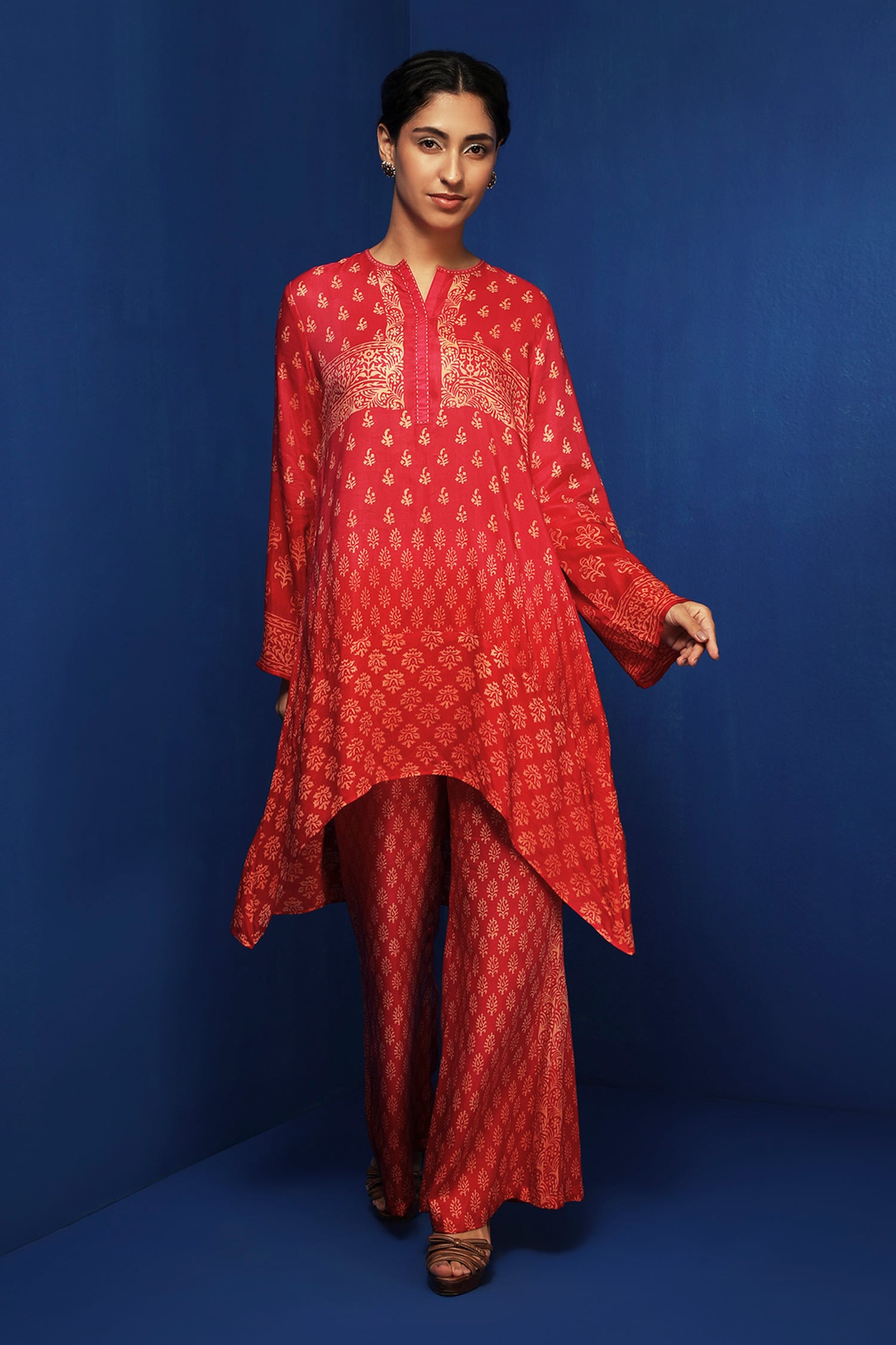 Buy Red Modal Hand Block Print Floral Ombre Kurta And Bell Bottom Pant ...