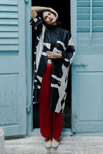 Buy Black Eri Silk Printed Checkered Open Duster Jacket For Women by ...