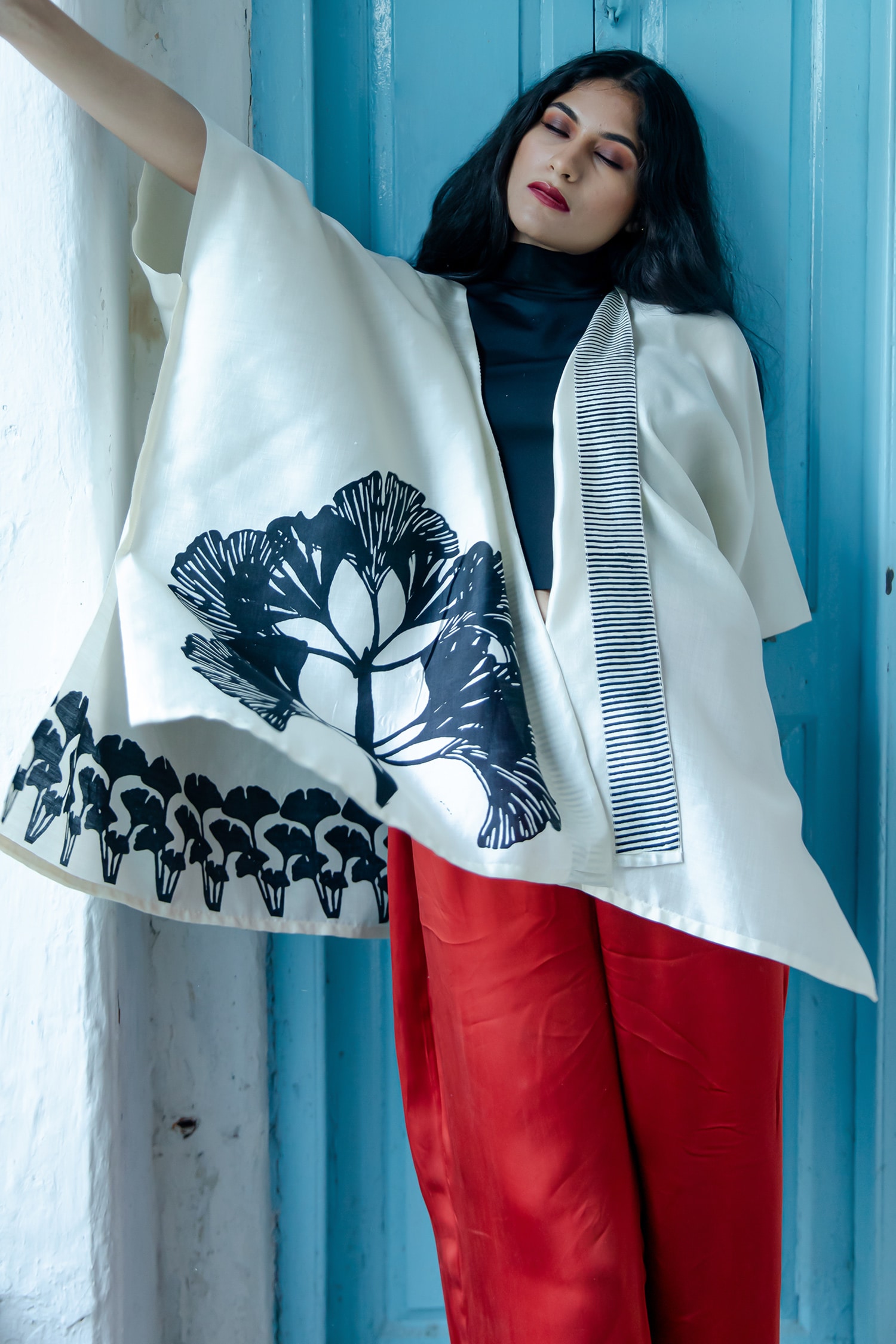 Buy White Eri Silk Printed Ginkgo Leaf Open Kaftan Robe For Women by ...