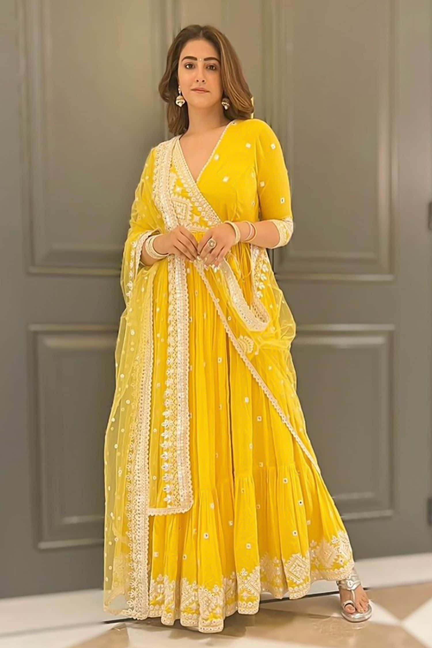Buy Yellow Cotton Mulmul Diamond Bloom Angarkha Anarkali With Dupatta ...