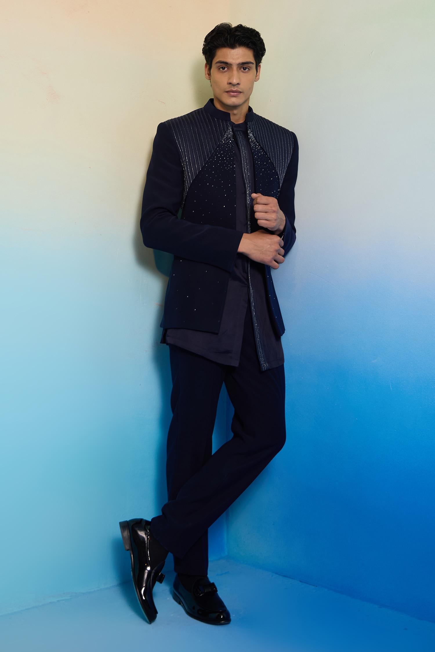 Buy Blue Textured Suiting Embellished Cutdana Luna Shrug And Kurta Set ...