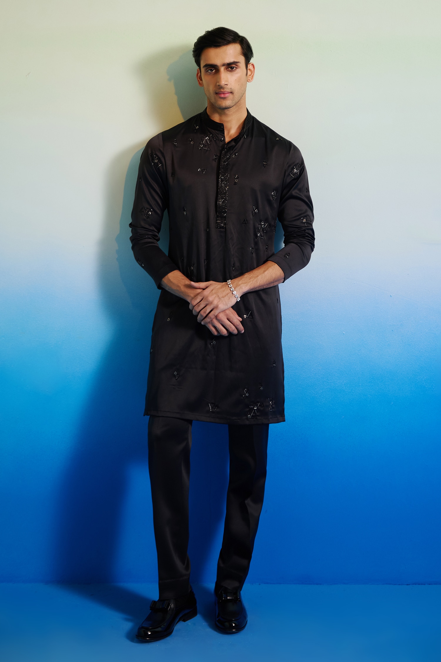 Buy Black Tokyo Satin Embroidery Cutdana Pyramid Kurta Set For Men by ...