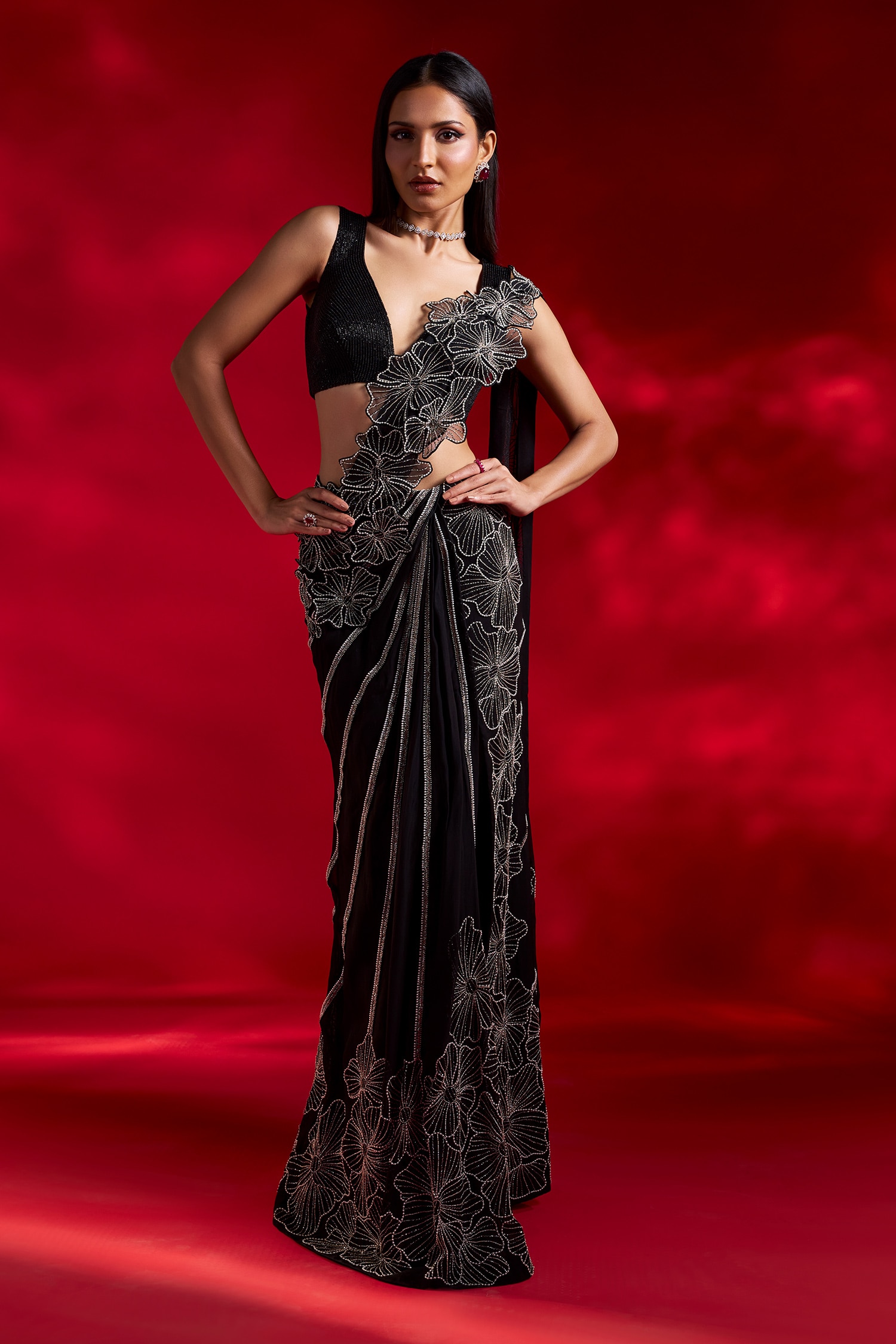 Buy Black Saree Organza Embroidered Floral Vayda Cutwork Pre-draped ...