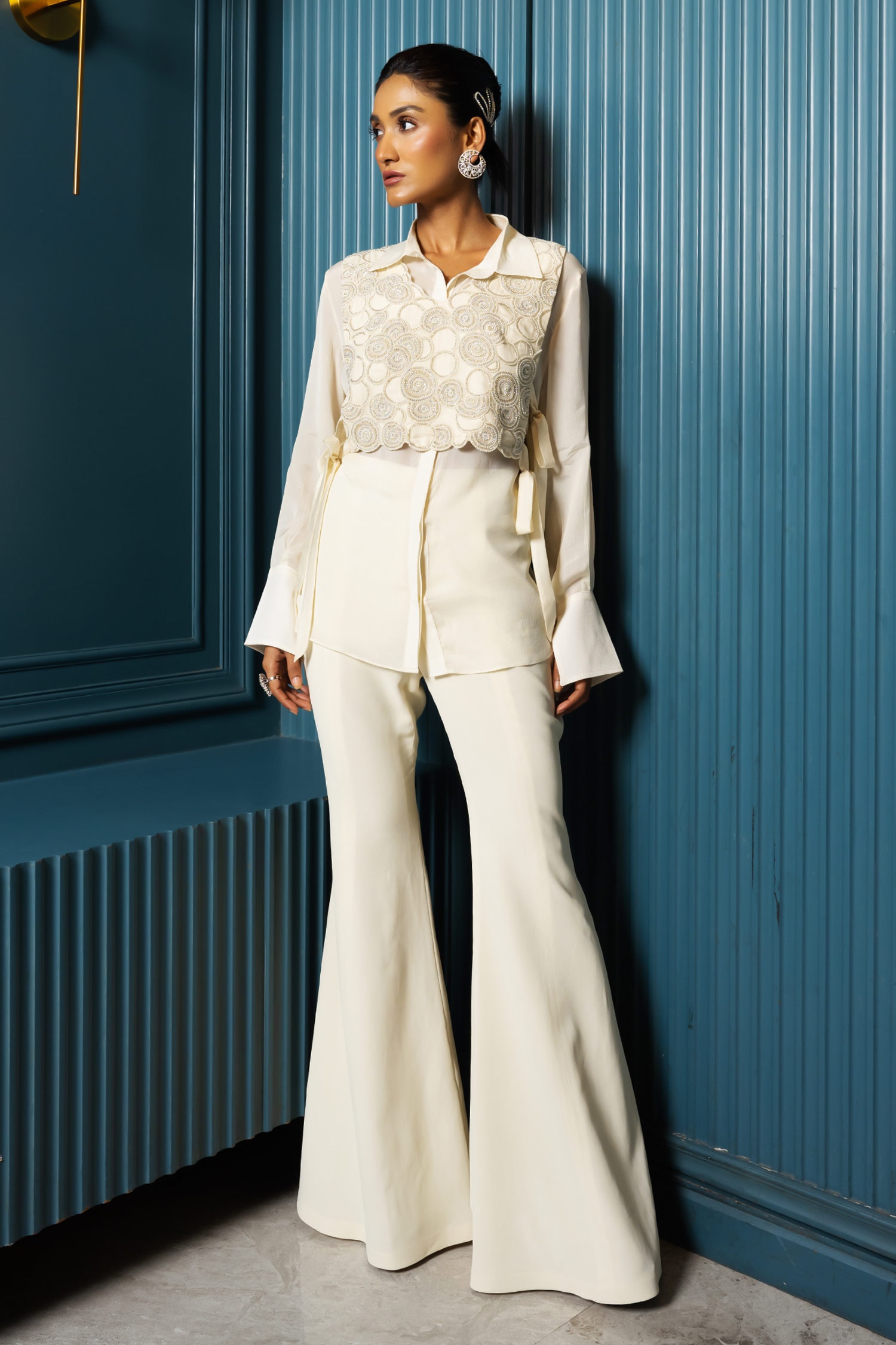 Buy Ivory Shirt Chinnon Embellished Vayla Pearl Vest Flared Pant Set For Women by Charu and ...