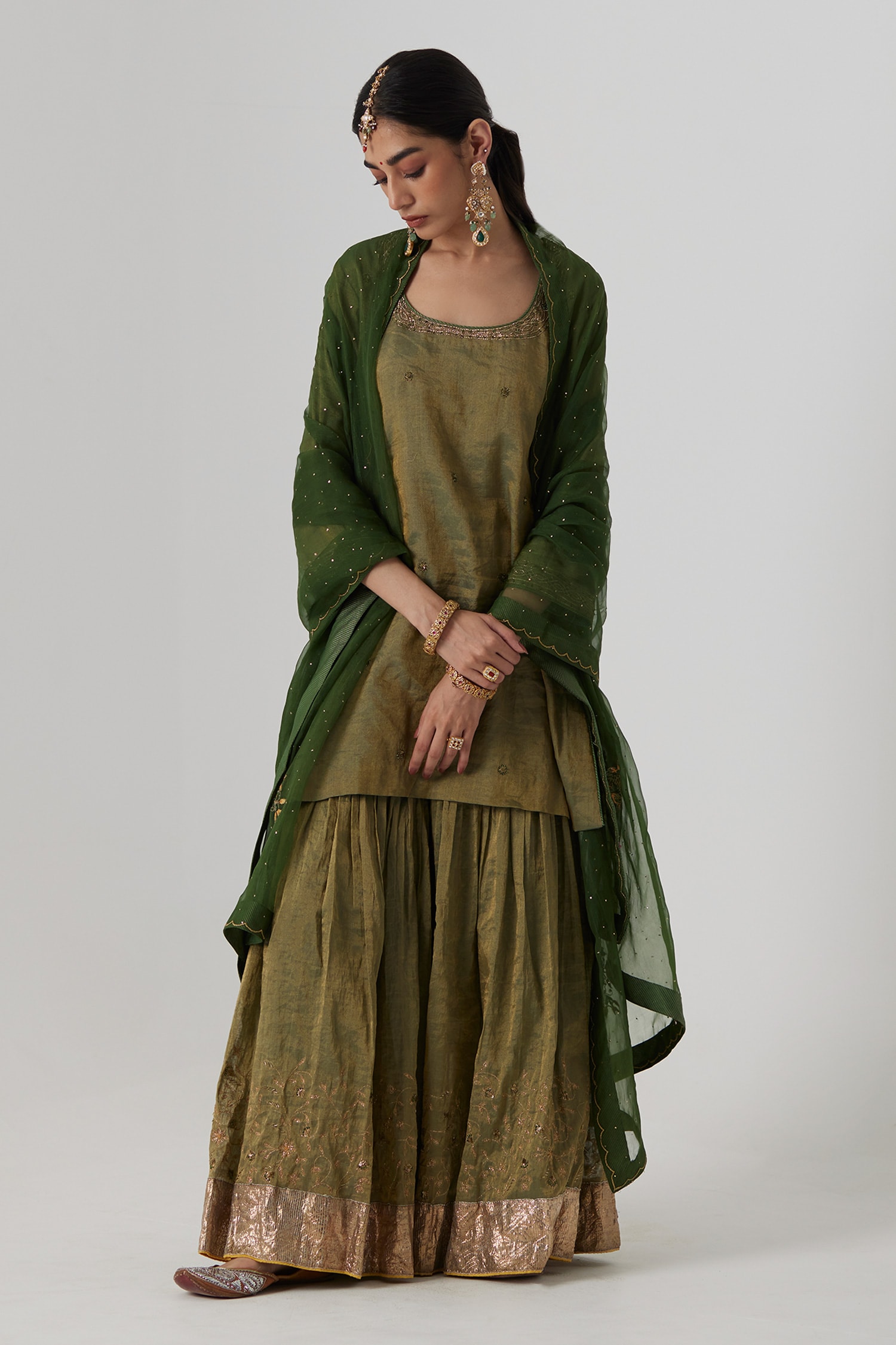 Buy Green Short Kurta And Sharara Banarasi Nirja Mughal Zardozi Set For ...