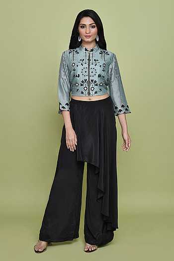 Buy Blue Printed Botanic Chinese Collar Top And Draped Pant Set For ...