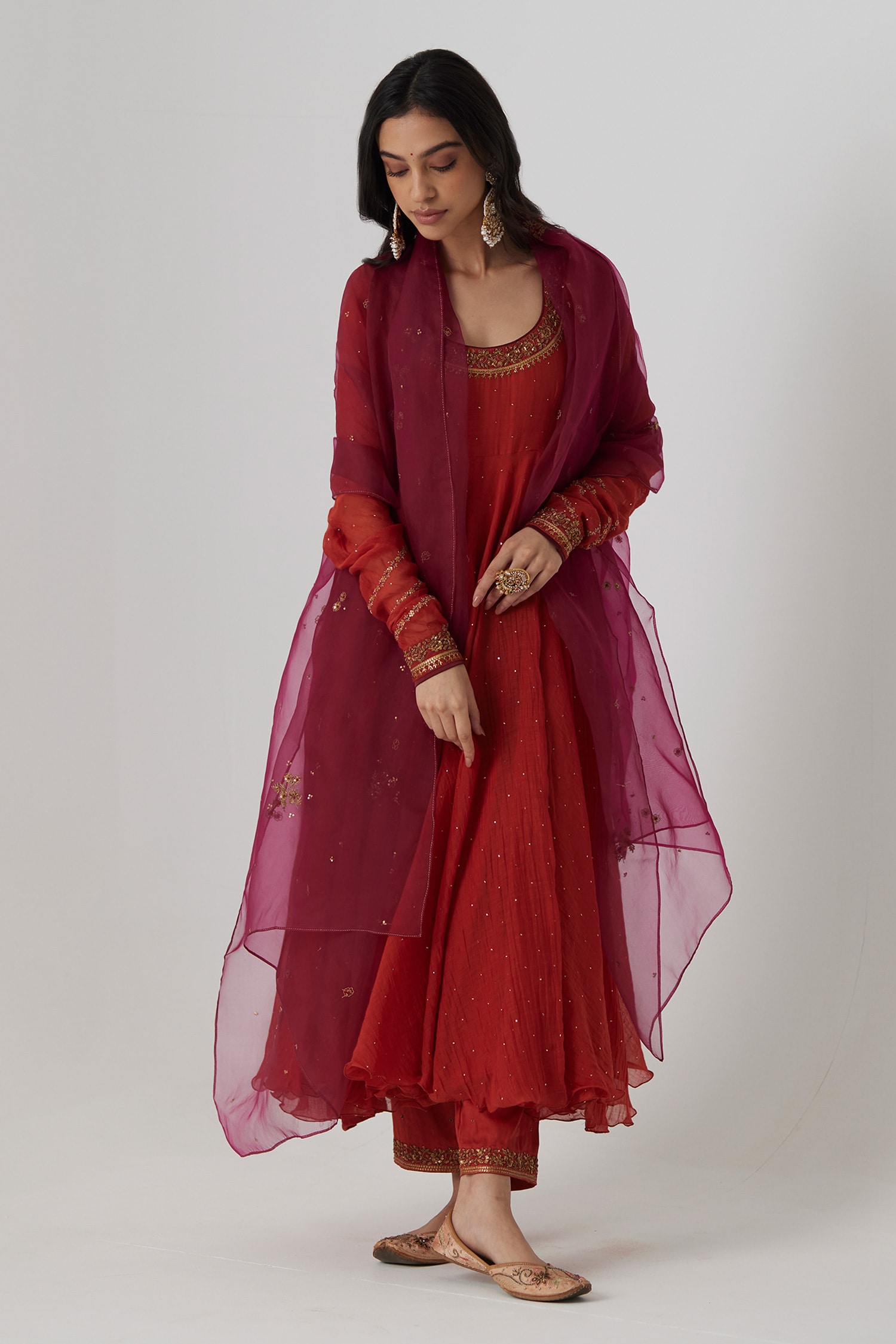 Buy Red Anarkali Mukaish Chanderi Embroidery Aari U Neck Mitali Set For ...