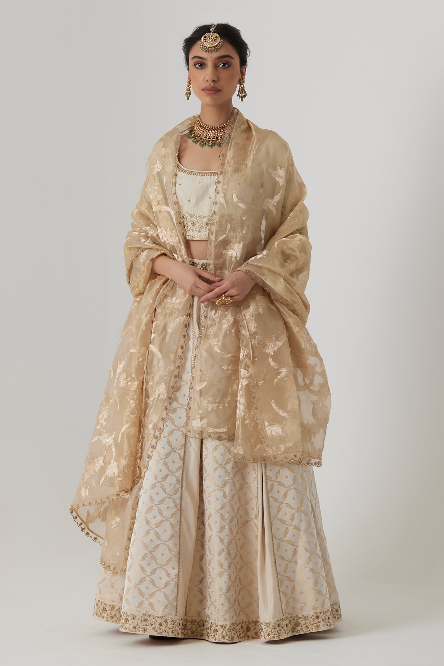 Buy Off White Blouse Silk Lehenga Banarasi Sunehri Bloom Crest Set For ...