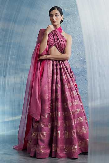 Buy Pink Blouse- Linen Woven Stripe Halter Neck Lehenga Set For Women ...