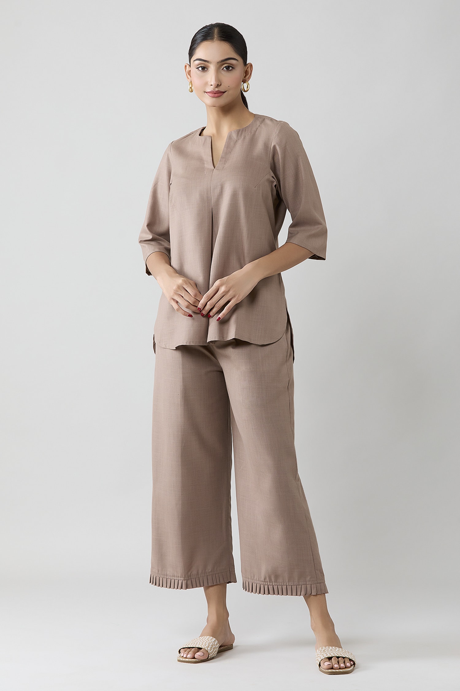 Buy Grey Cotton Slub Solid Front Inverted Pleated Top And Pant Co-ord Set For Women by Adara ...