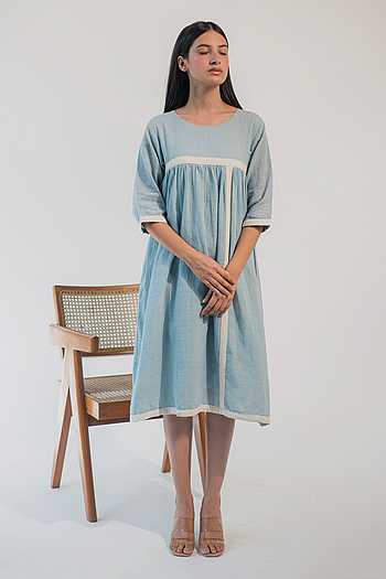 Buy Blue Cotton Round Applique Geometric Pattern Dress For Women by ...