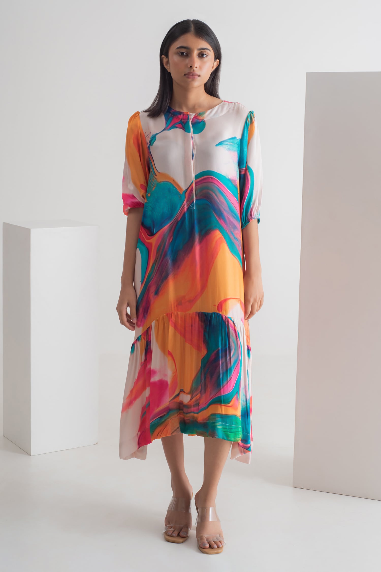Buy Multi Color Modal Silk Printed Abstract Round Dress With Slip For ...