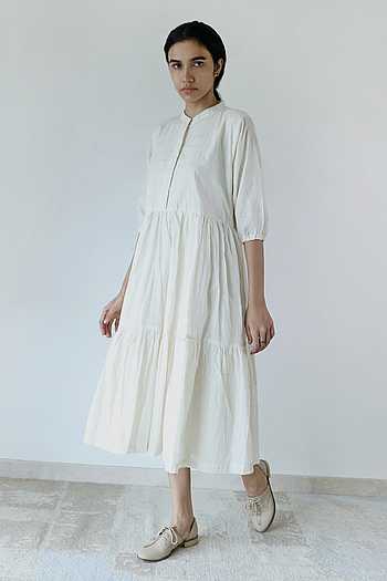Buy Ivory Cotton Chequered Zari Mandarin Collar Dress For Women by ...